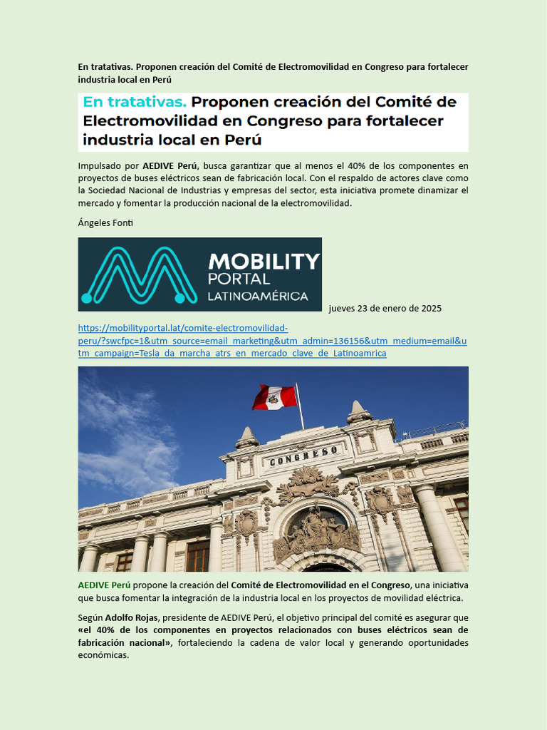 En Tratativas. AEDIVE PERU Propone Creación Del Comité de Electromovilidad en Congreso | PDF ...