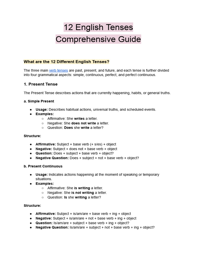 12 English Tenses Comprehensive Guide | PDF | Verb | Grammatical Tense