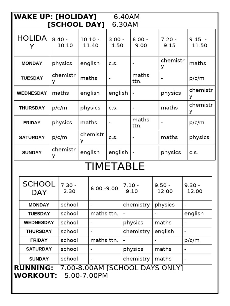 Weekly School and Workout Timetable | PDF