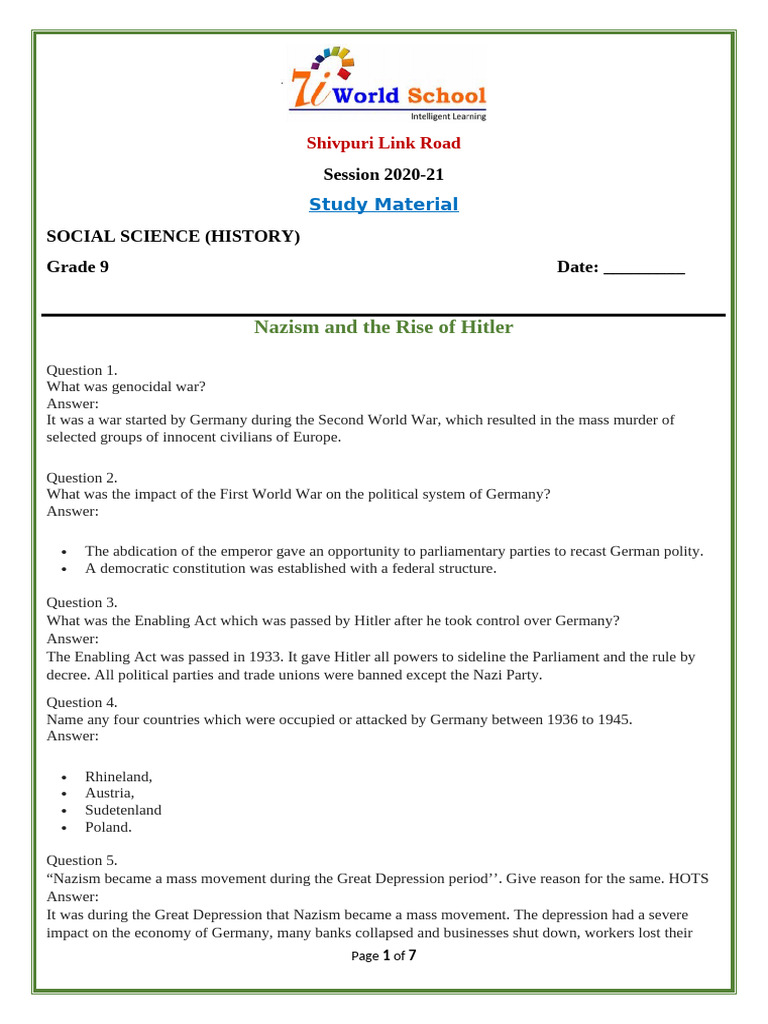 SSC - G9 - History - Nazism and The Rise of Hitler - Study Material ...