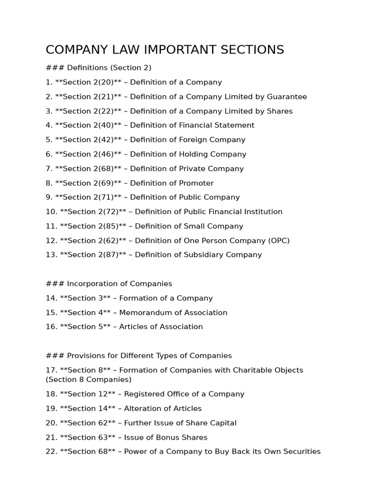 Company Law Important Sections | PDF | Audit | Securities (Finance)