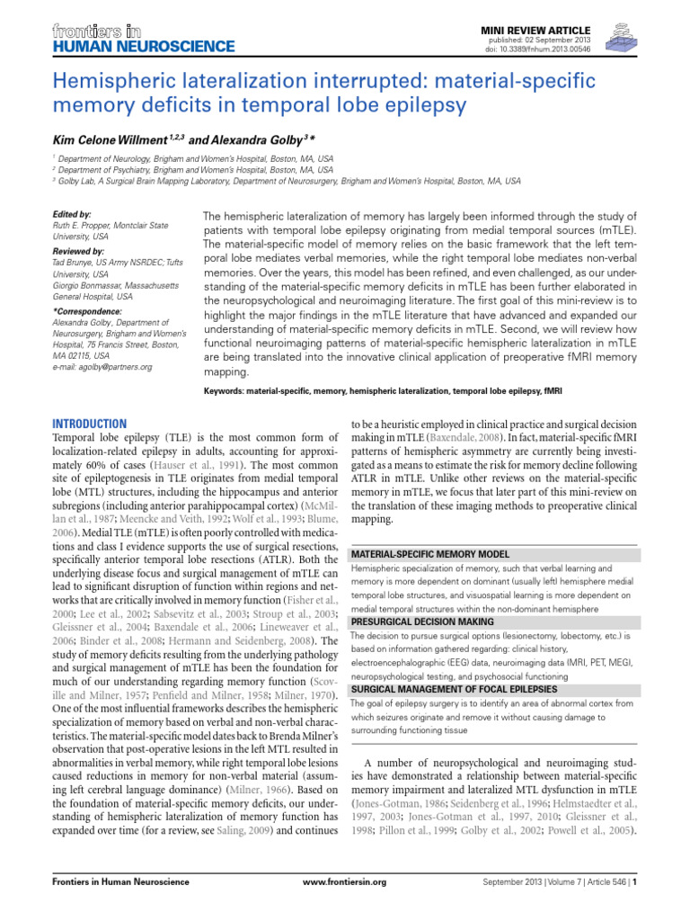 Hemispheric Lateralization Interrupted2013 Pdf Memory Temporal Lobe