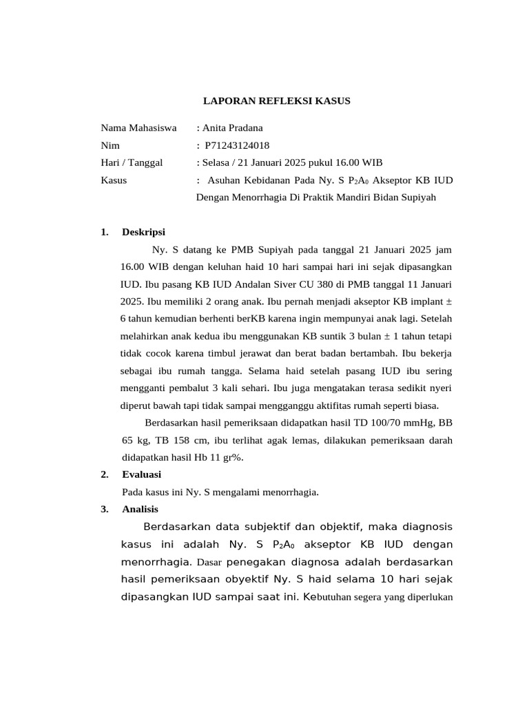 Laporan Refleksi Kasus Iud Dengan Menorrhagia - Anita Pradana | PDF