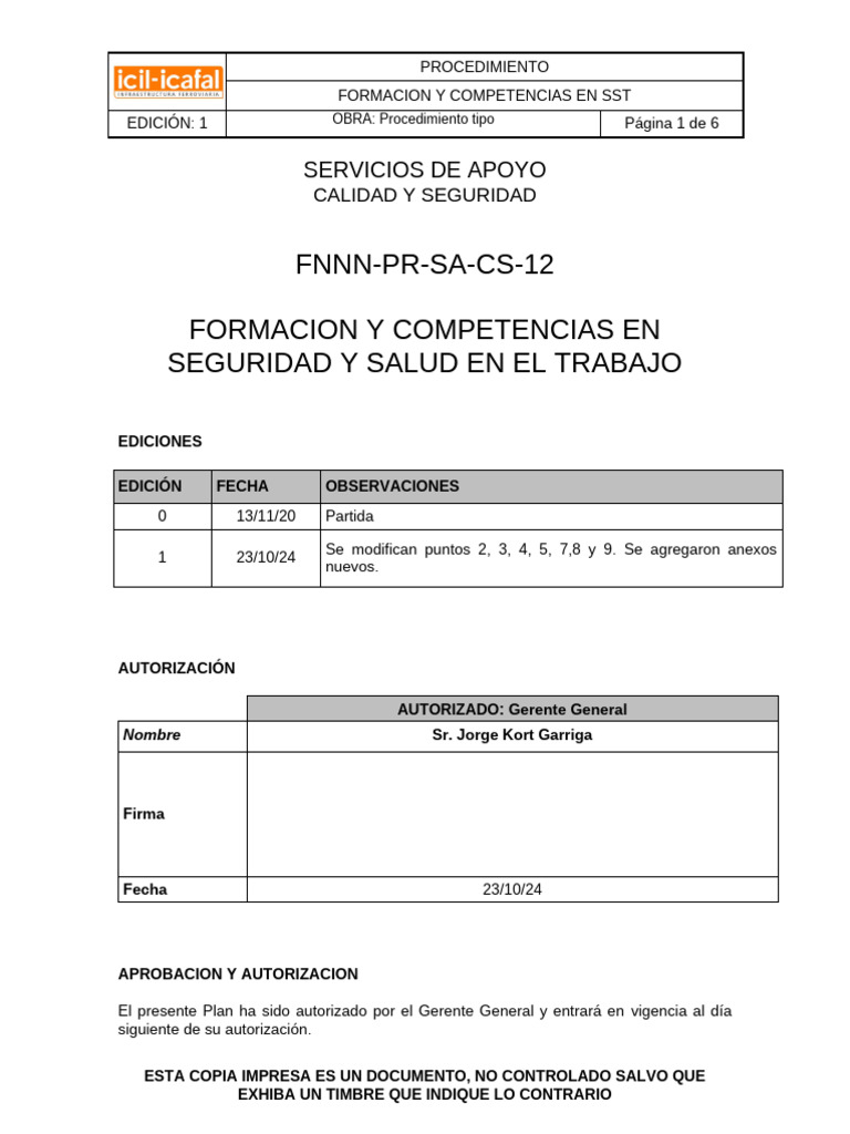 PR Formacion y Competencias SST_version 01 | PDF | Seguridad y salud ocupacional