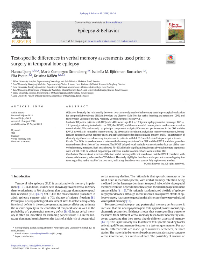 Test-Specific Differences in Verbal Memory Assessments Used 2018 | PDF ...