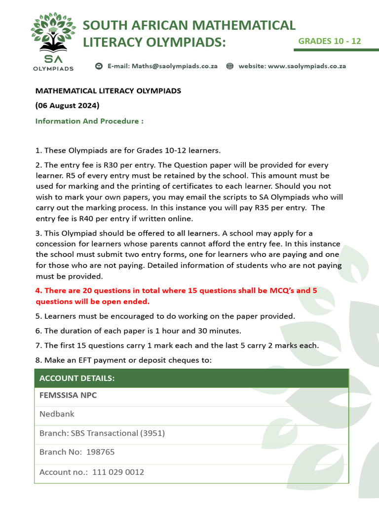 Mathematical Literacy Olympiads 2024 Registration Information and ...