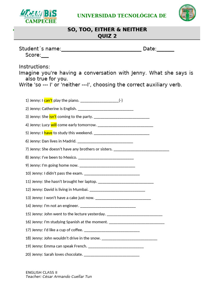So, Too, Either & Neither Quiz 2 | PDF