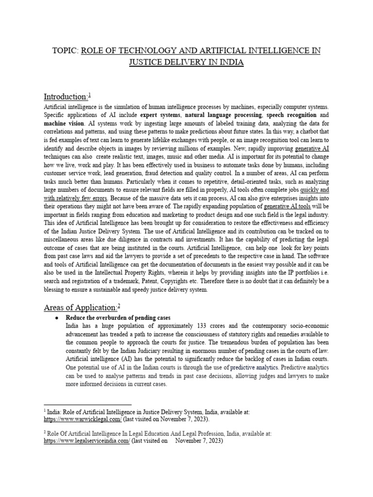 TOPIC_ ROLE OF TECHNOLOGY AND ARTIFICIAL INTELLIGENCE IN JUSTICE DELIVERY IN INDIA | PDF ...