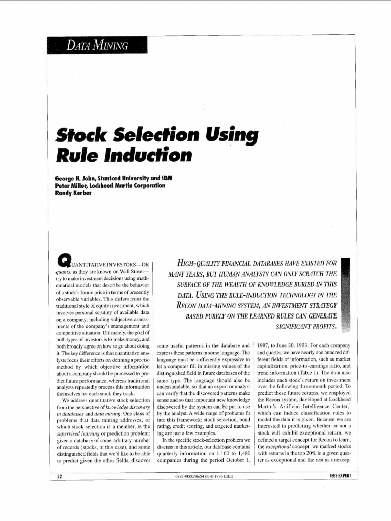 Stock Selection Using Rule Induction | PDF | Sharpe Ratio | Investing