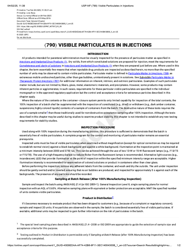 USP-NF 790 Visible Particulates in Injections | PDF | Lighting ...