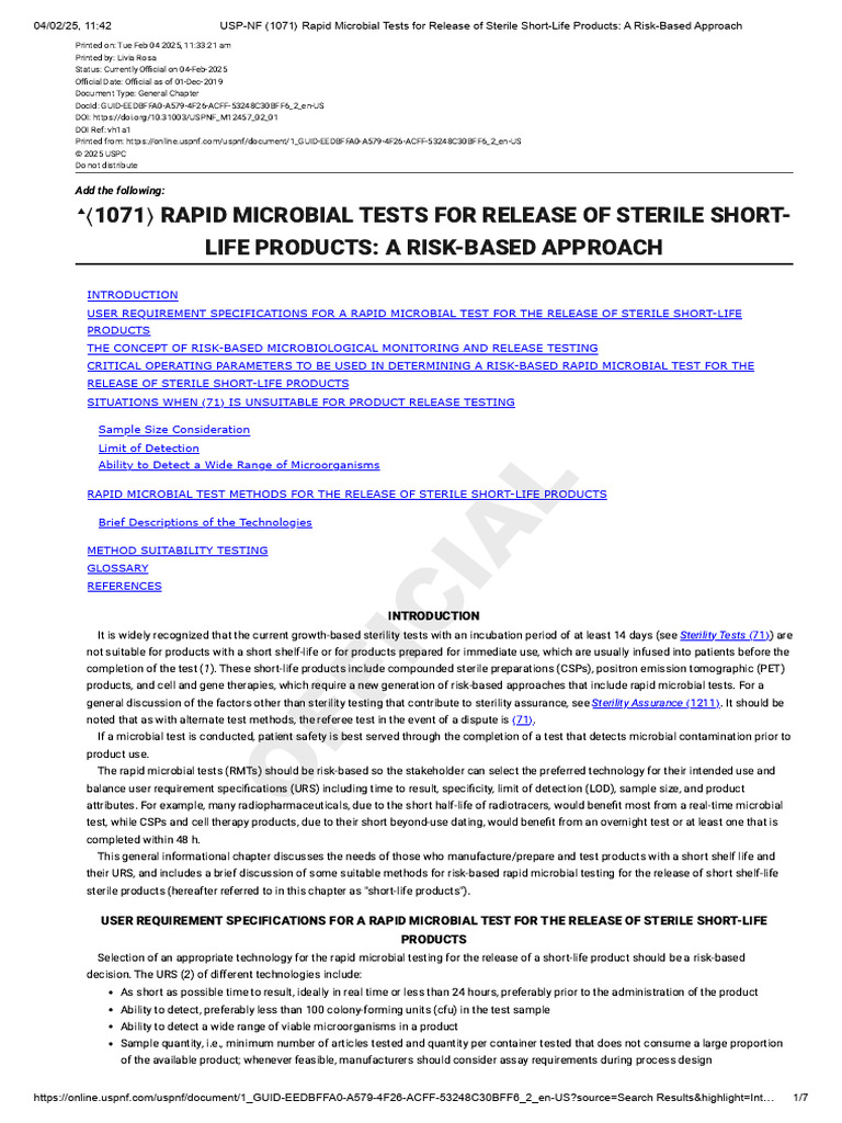 USP-NF 1071 Rapid Microbial Tests For Release of Sterile Short-Life ...