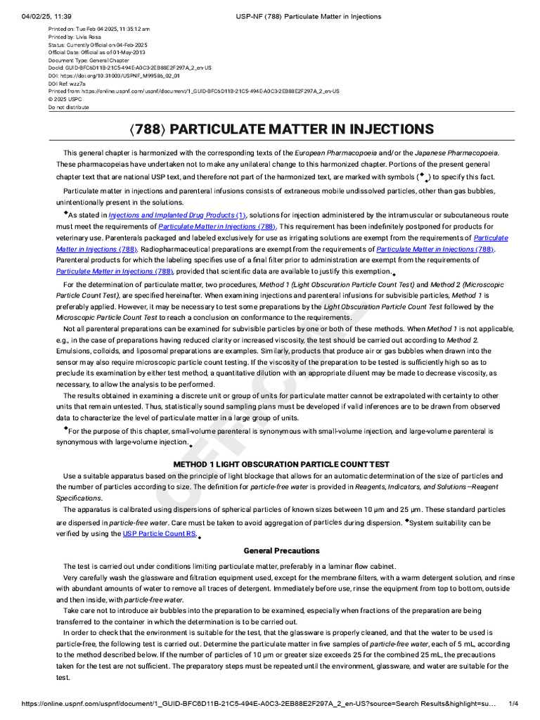 USP-NF 788 Particulate Matter in Injections | PDF | Filtration ...