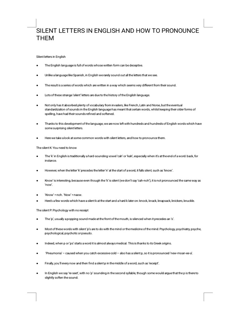 Silent Letters in English and How To Pronounce The | PDF | English ...