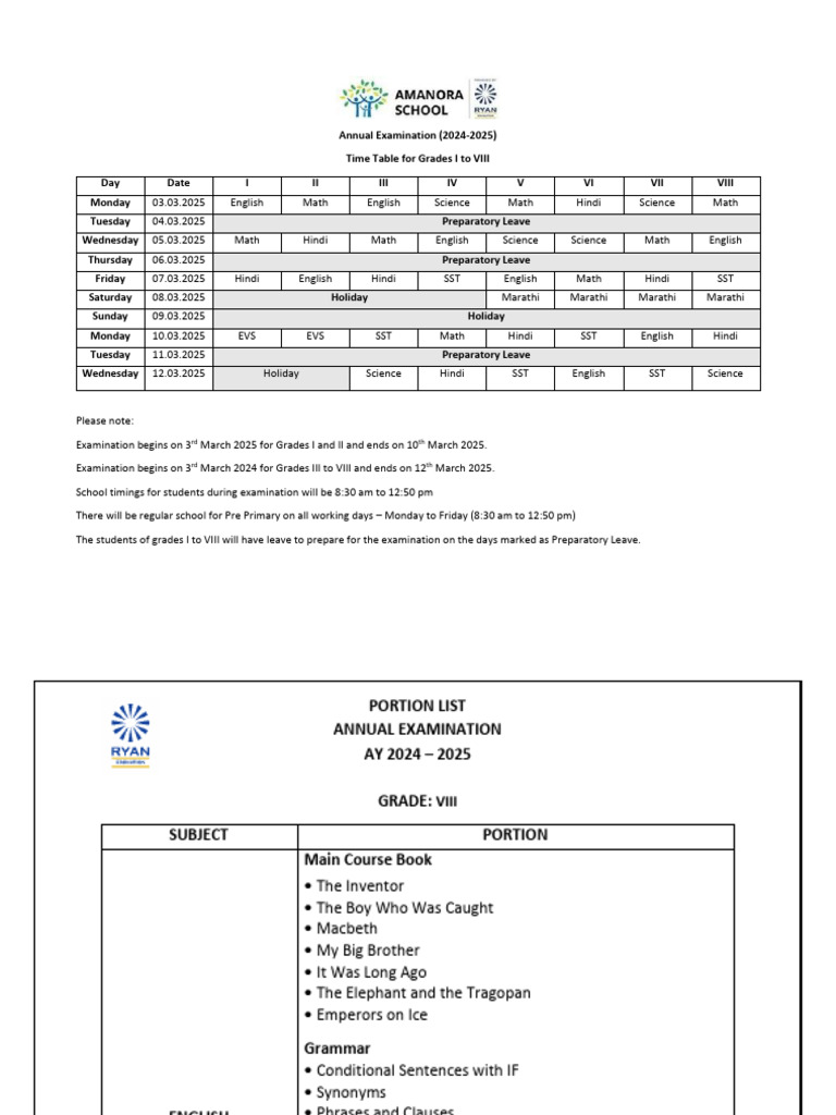 CONLIB Grade8AnnualExamTimetableandPortion 20250204140715 | PDF