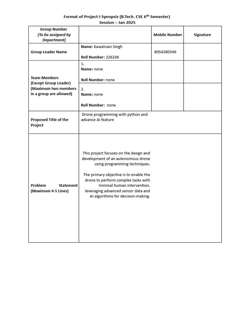 Format of Project-I Synopsis B.tech. CSE 6th Sem of Kawalnain | PDF | Unmanned Aerial Vehicle ...
