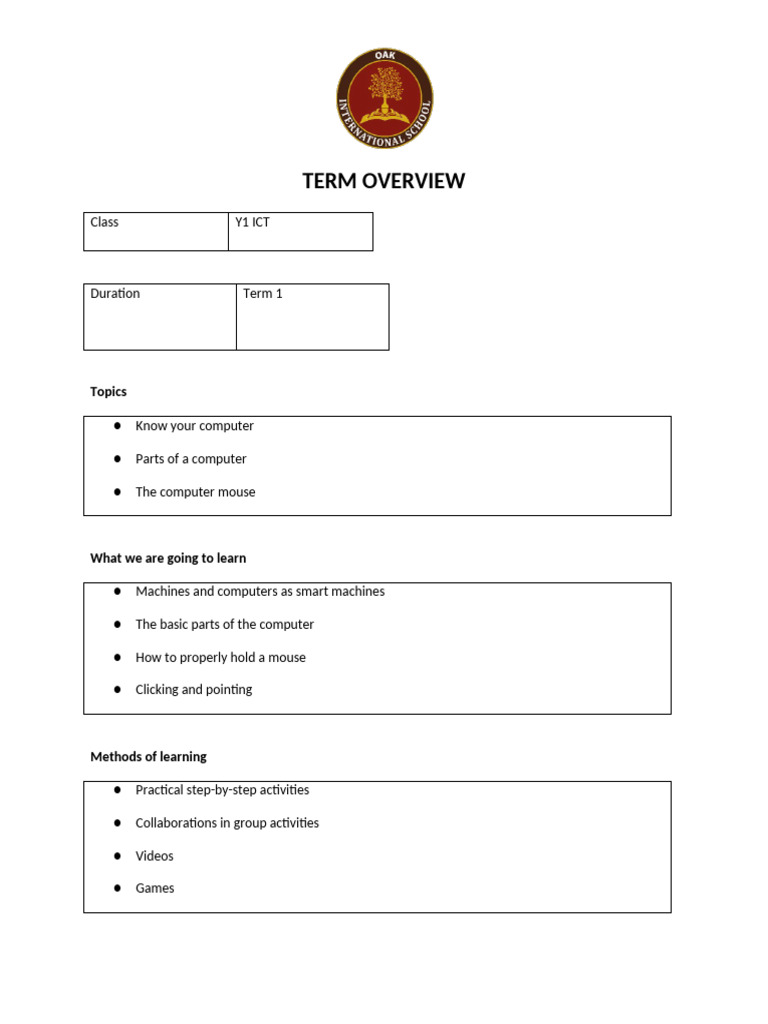 Y1 ICT Term 1: Computer Basics | PDF