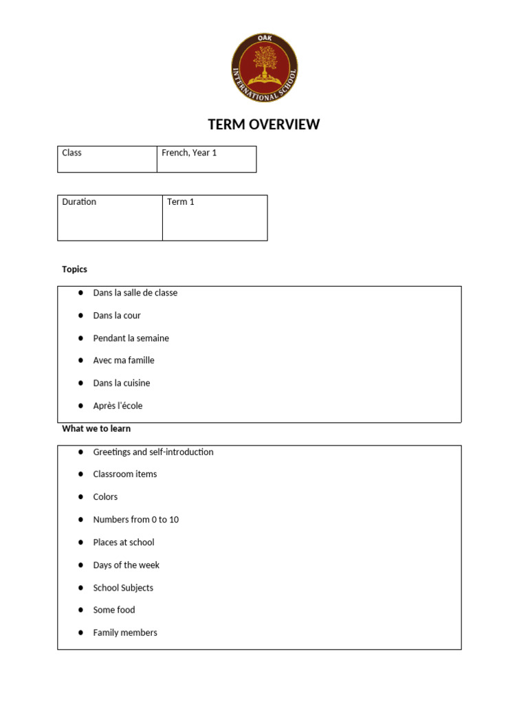Yr1 French-Overview-Term 1 | PDF