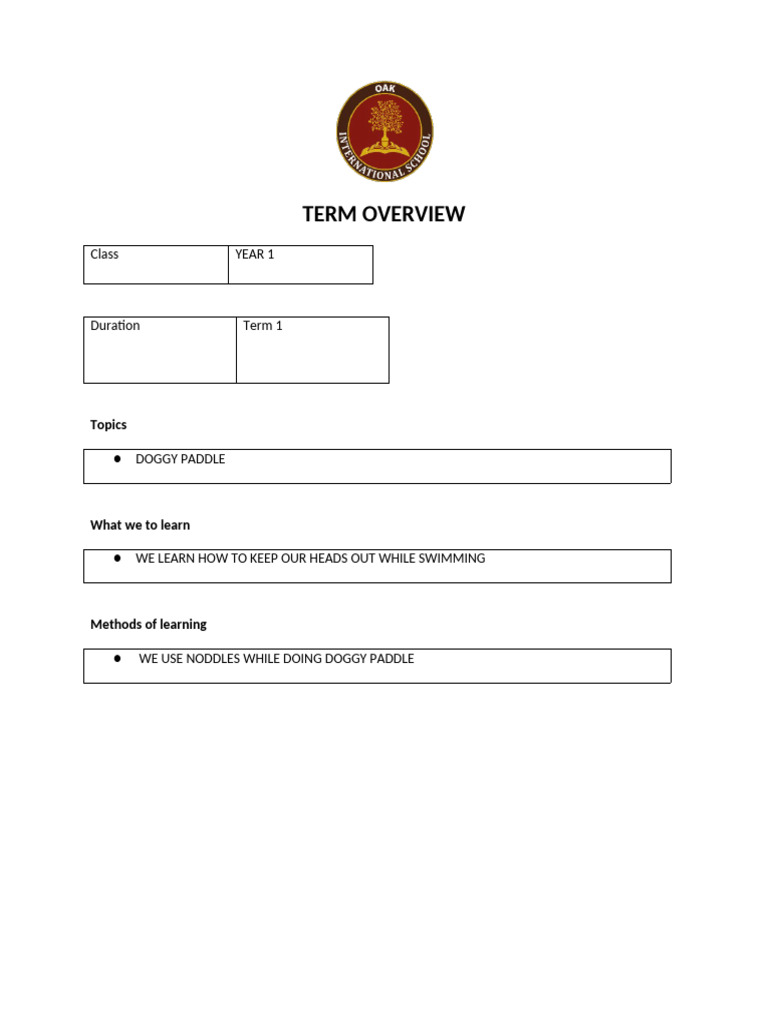Year 1 - OIS Term 1 Overview Swimming | PDF