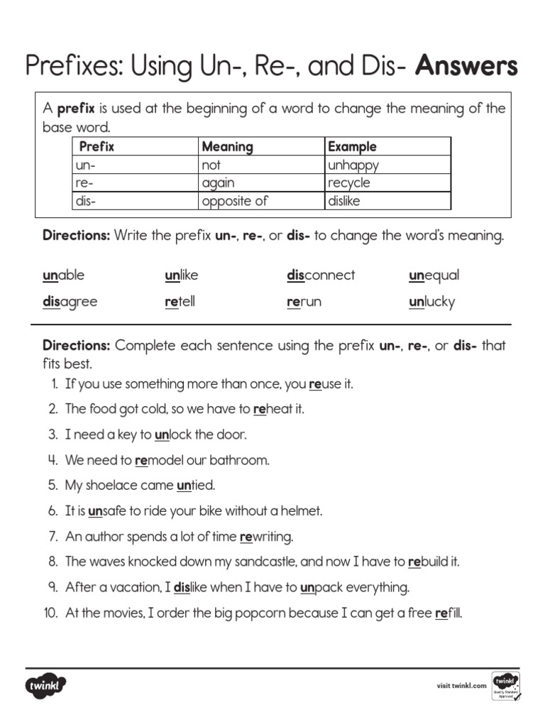 Answer Key Second Grade Prefix Activity Using Un-, Re-, and Dis- | PDF