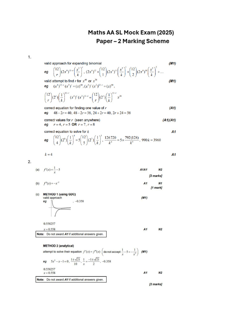 AA SL Maths Mocks 2025 MS Paper 2 | PDF