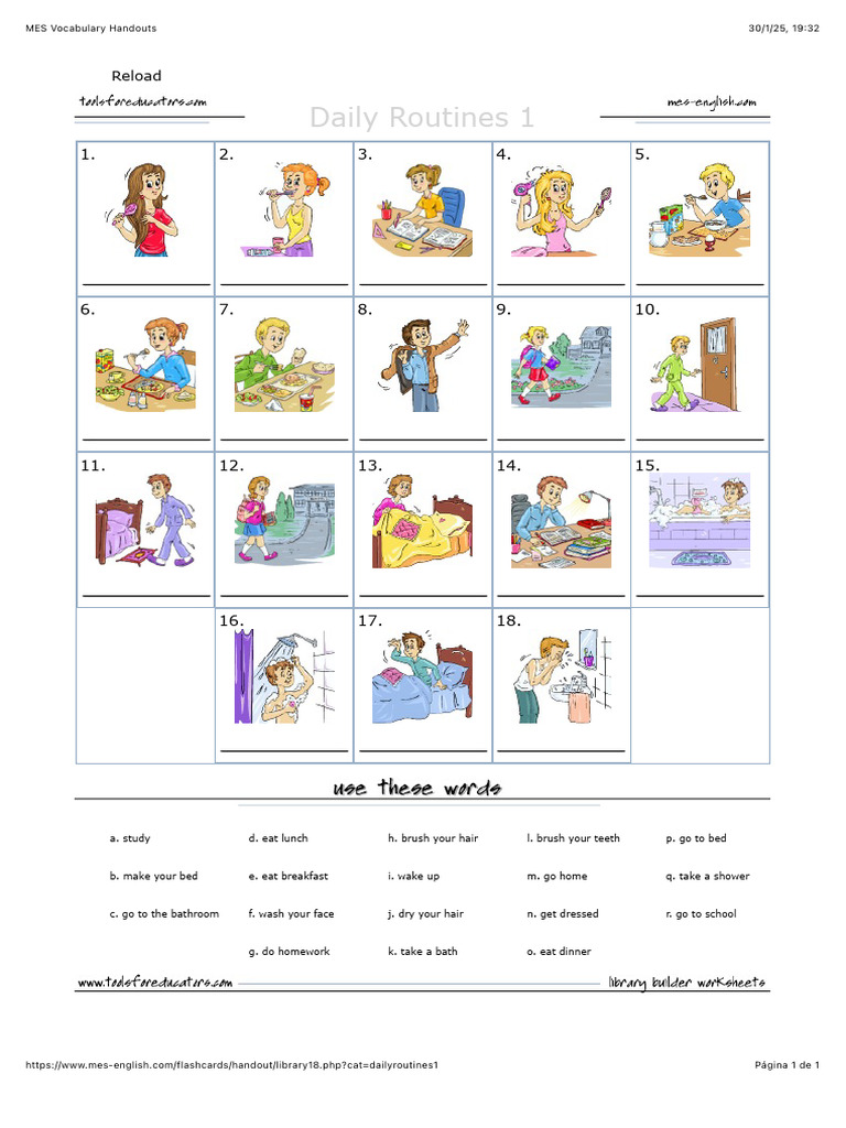 Daily Routines Vocabulary Handouts | PDF