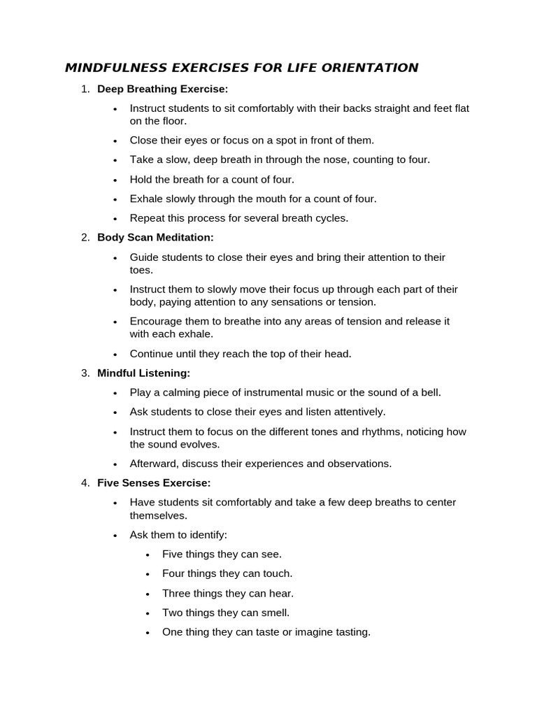 Mindfulness Exercises For Life Orientation | PDF | Mindfulness | Senses