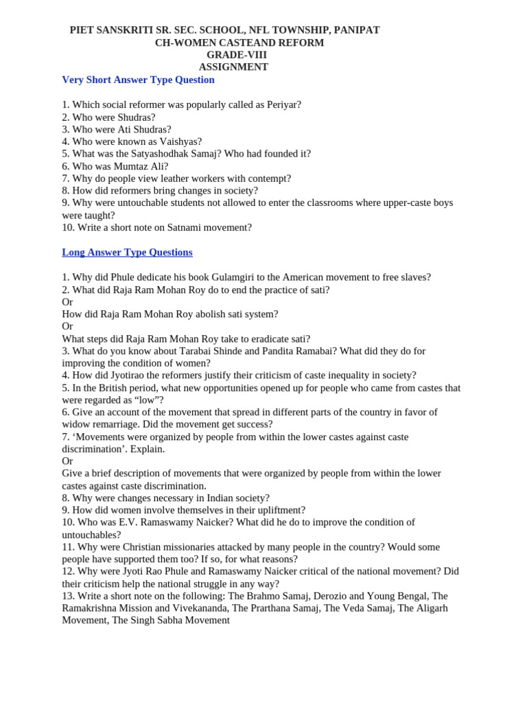 Assignment CH Women Caste and Reforms | PDF