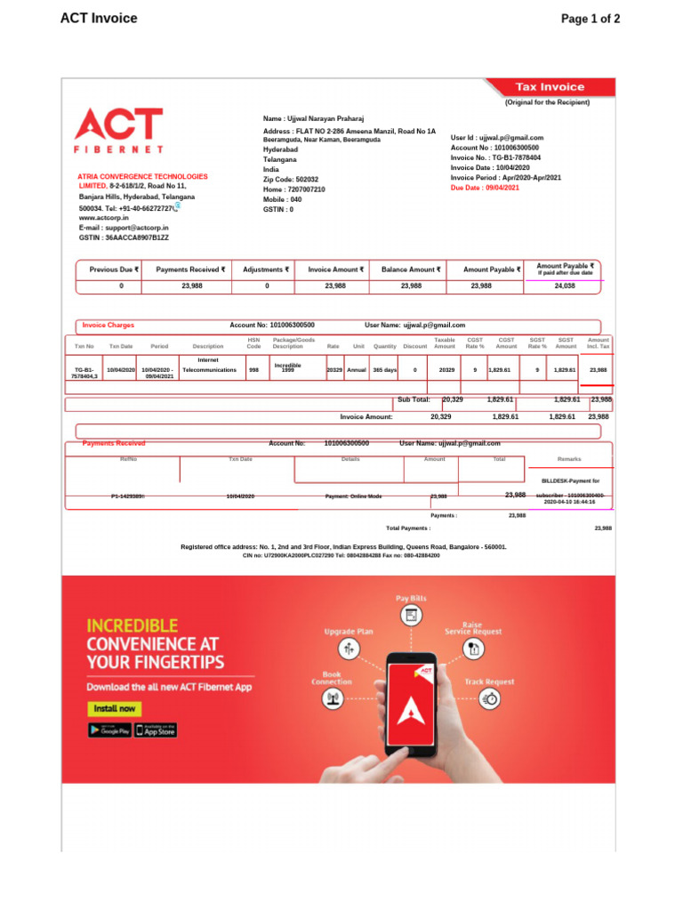 ACT Invoice for Ujjwal Praharaj | PDF | Invoice | Accounts Payable