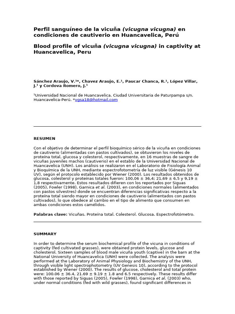 Perfil sanguíneo de la vicuña | PDF | Biología