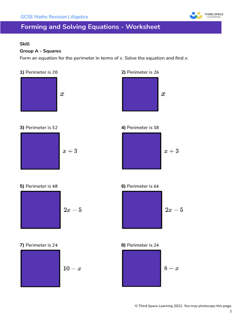 Forming and Solving Equations-Worksheet | PDF | Rectangle | Equations