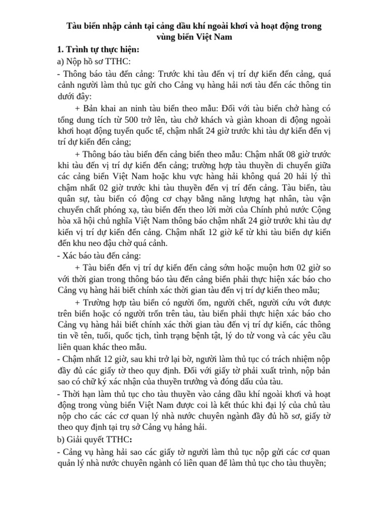TTHC SO 11. Tàu biển nhập cảnh tại cảng dầu khí ngoài khơi và hoạt động trong vùng biển Việt Nam ...