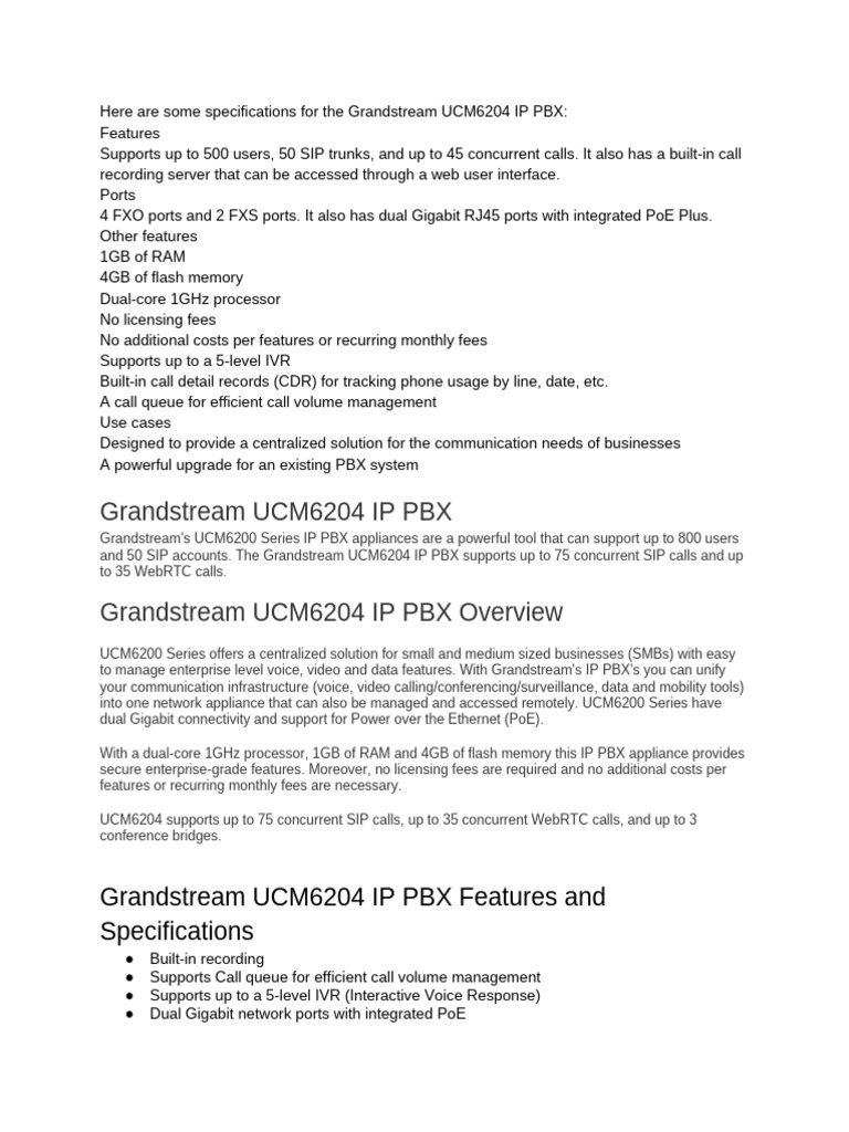 Here Are Some Specifications For The Grandstream UCM6204 IP PBX | PDF ...