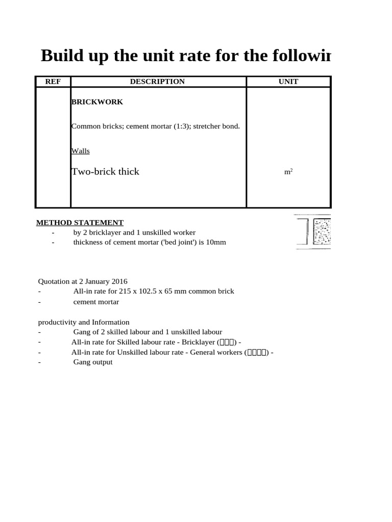 Unit Rate Calculation for Brickwork | PDF | Brick | Economies