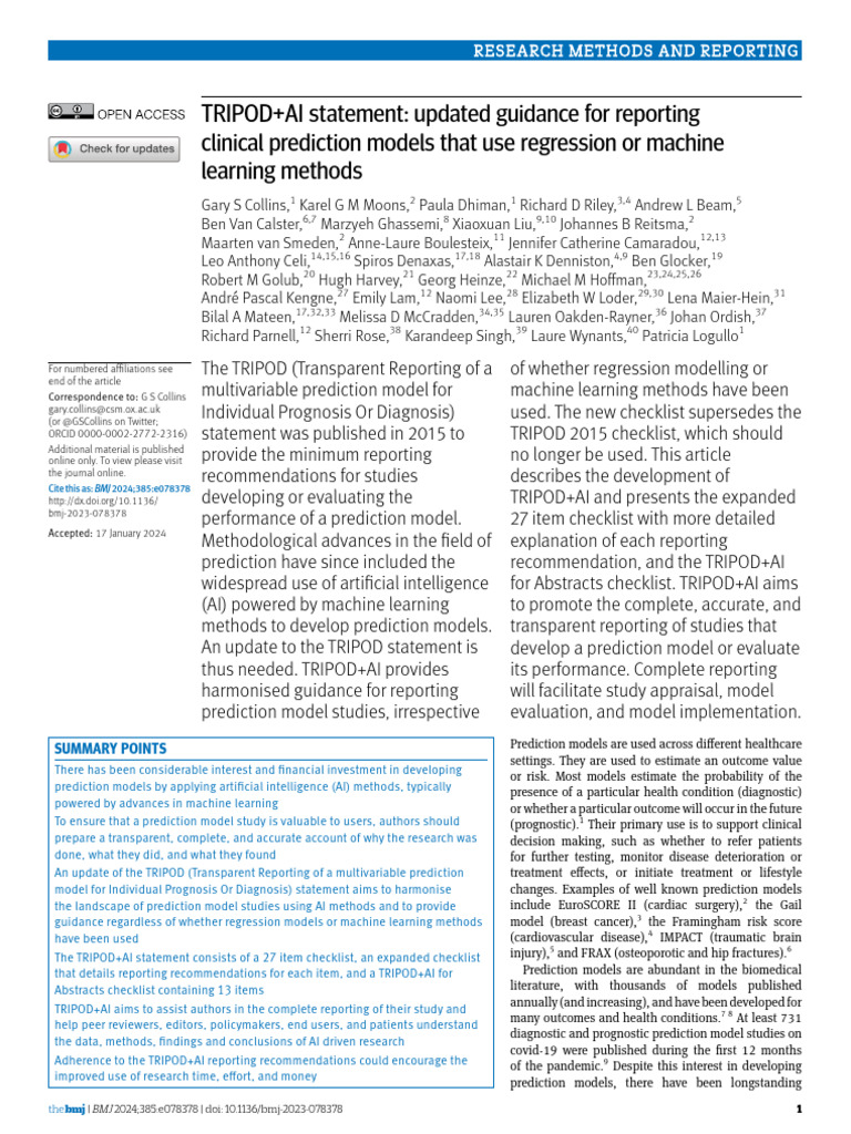 TRIPOD+AI: Updated Reporting Guidelines | PDF | Dependent And ...