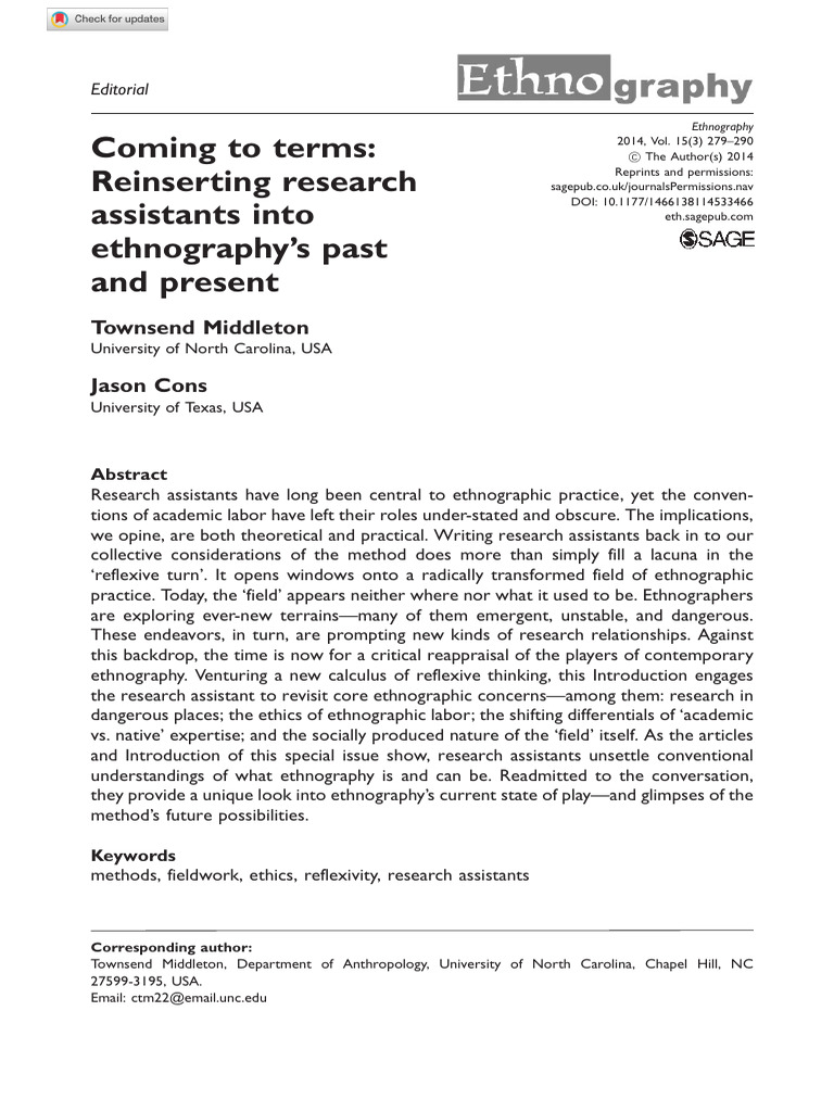 Coming To Terms Reinserting Research Assistants Into Ethnography S Past and Present - Middleton ...