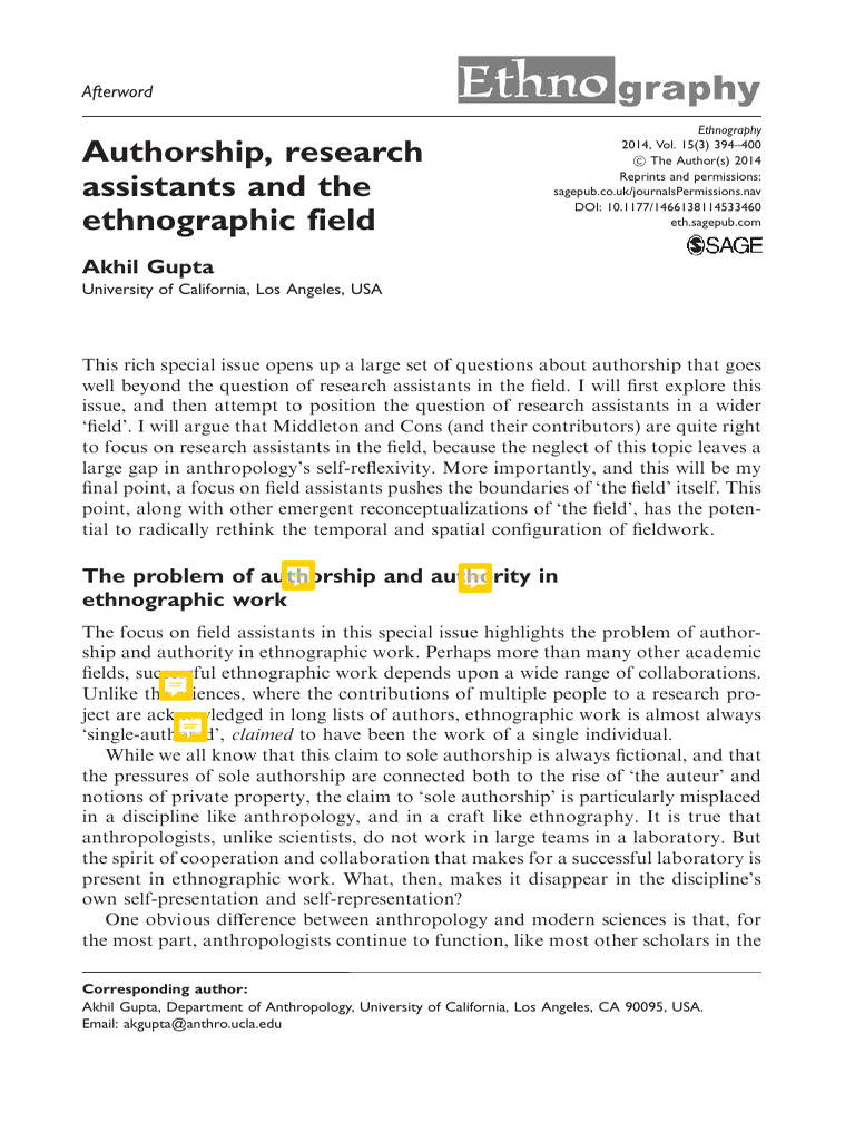 Authorship, Research Assistants and The Ethnographic Field - Gupta2014 ...