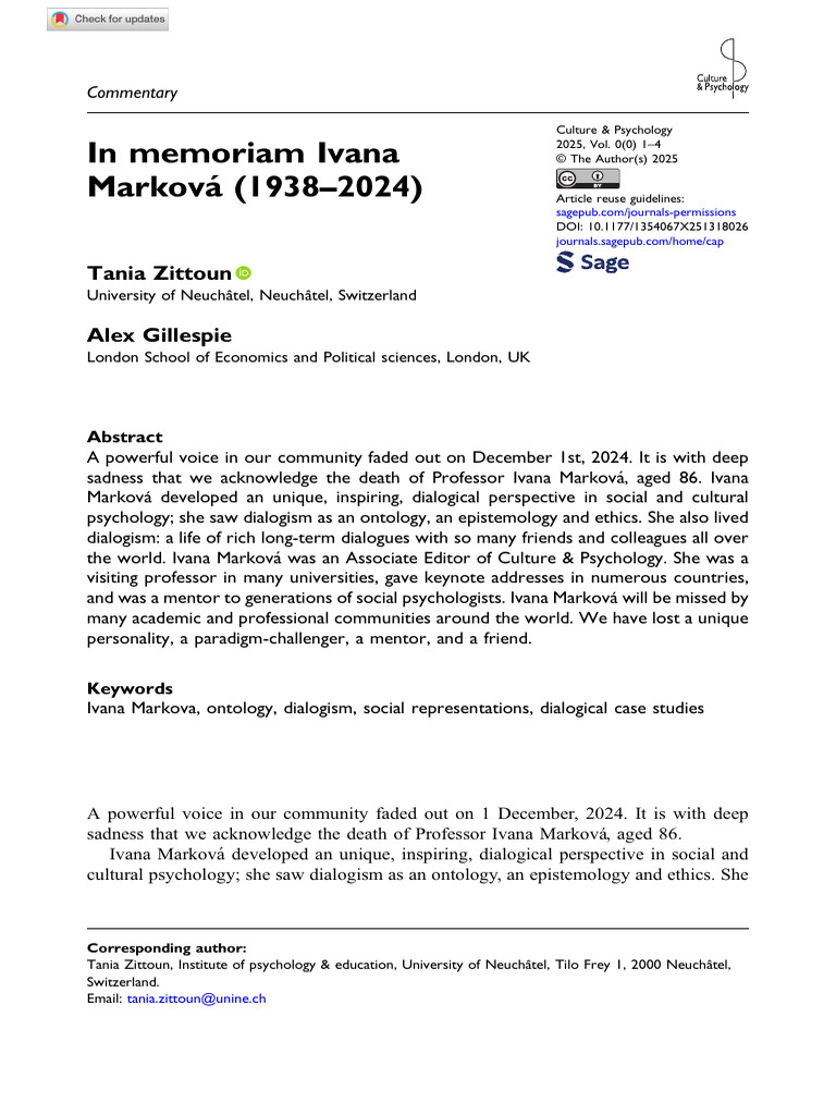 Zittoun Gillespie 2025 in Memoriam Ivana Markova (1938 2024) | PDF | Theory | Liberal Arts Education