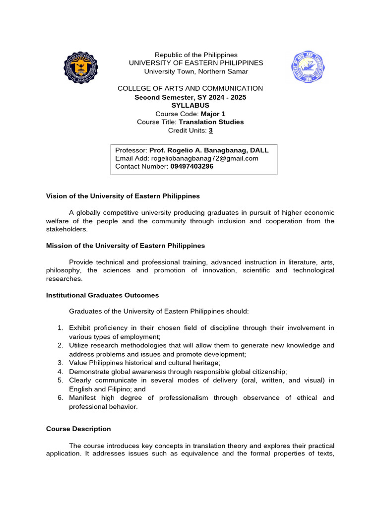 Translation Studies Syllabus 2024-2025 | PDF | Translations | University