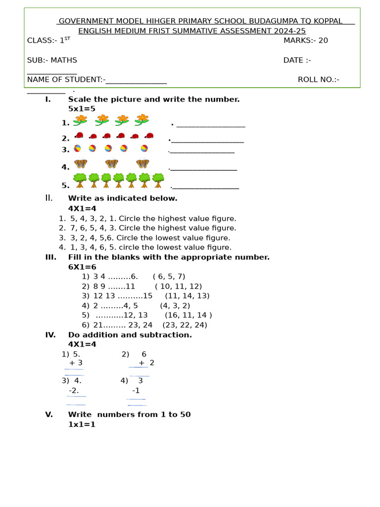 Class 1 Maths Assessment 2024-25 | PDF