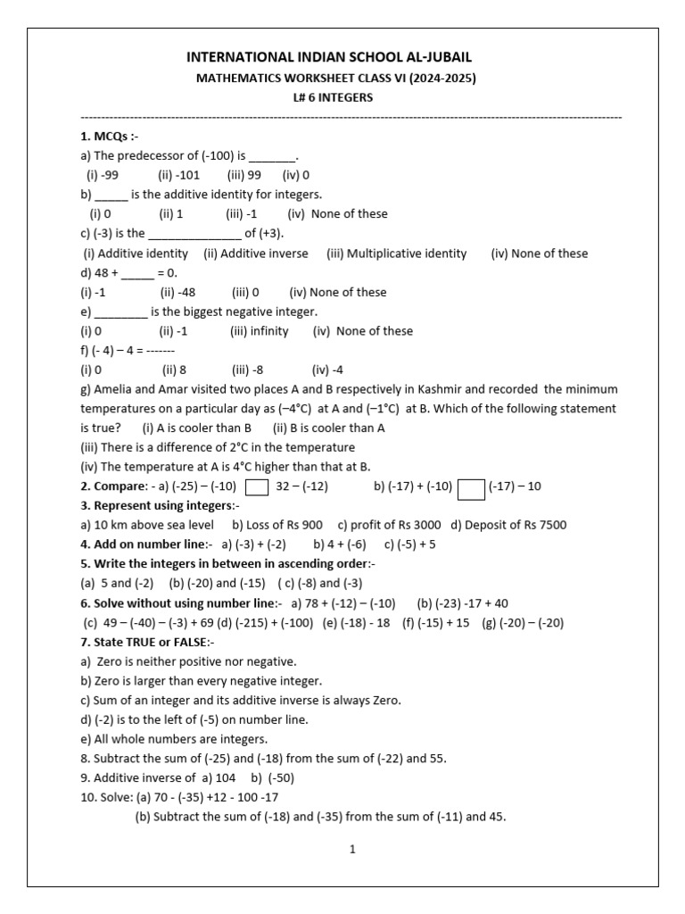 VI - Annual Exam Revision Worksheets (2024 - 25) | PDF | Integer | Mathematics