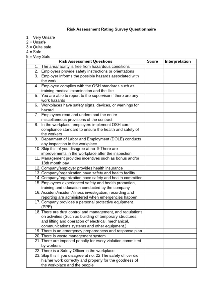 Risk Assessment Rating Survey Questionnaire | PDF | Occupational Safety ...