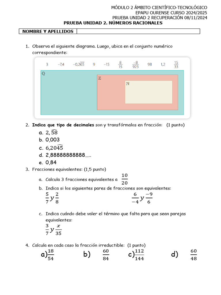 Examen de Fracciones Recuperación | PDF | Matemática Elemental ...