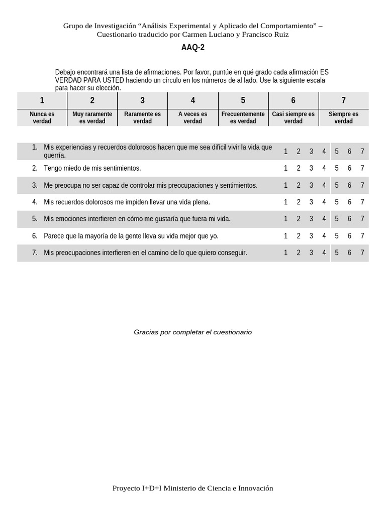 Adaptación Española AAQ-II VERSIÓN FINAL | PDF