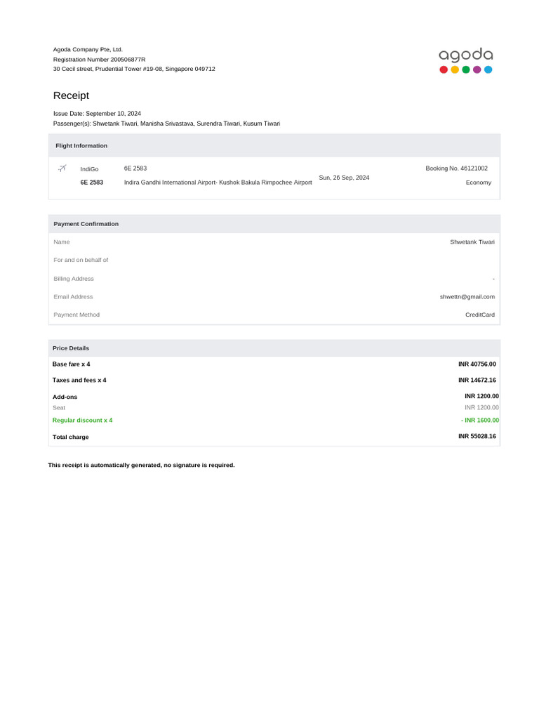 Agoda Payment Confirmation10092024 | PDF