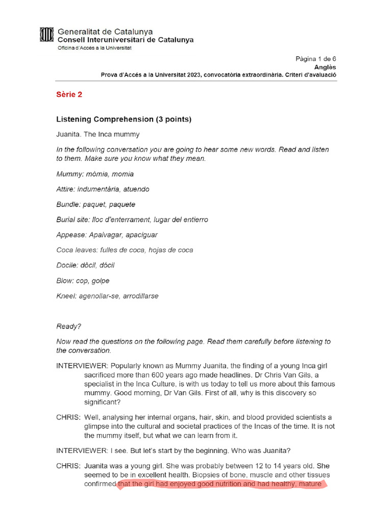 ANSWER KEY - Juanita. The Inca Mummy | PDF