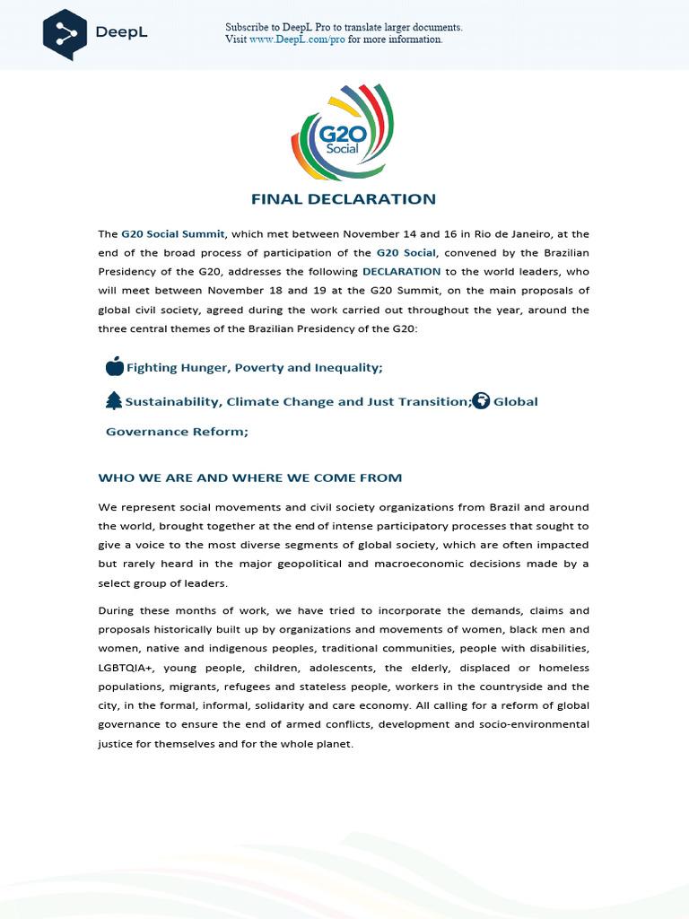 Final Declaration - G20 Social Summit | PDF | Climate Change Mitigation ...