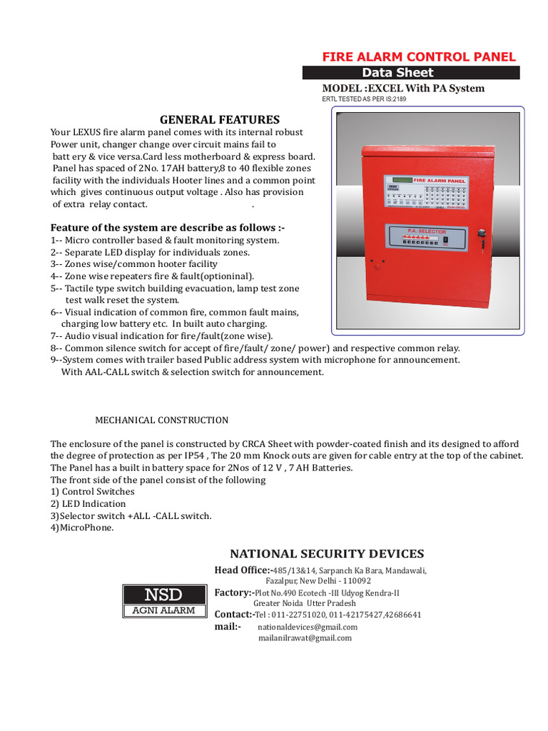 Fire Alarm Control Panel Data Sheet | PDF | Switch | Fuse (Electrical)