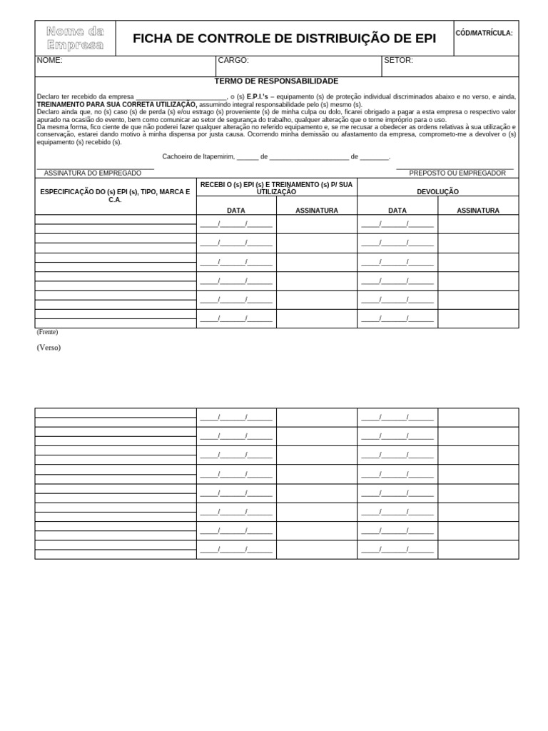Modelo de Ficha de Controle de EPI | PDF