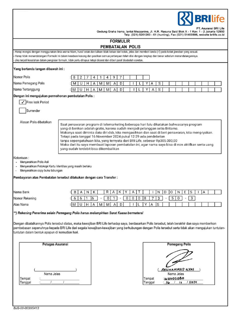 Form Pembatalan Polis | PDF