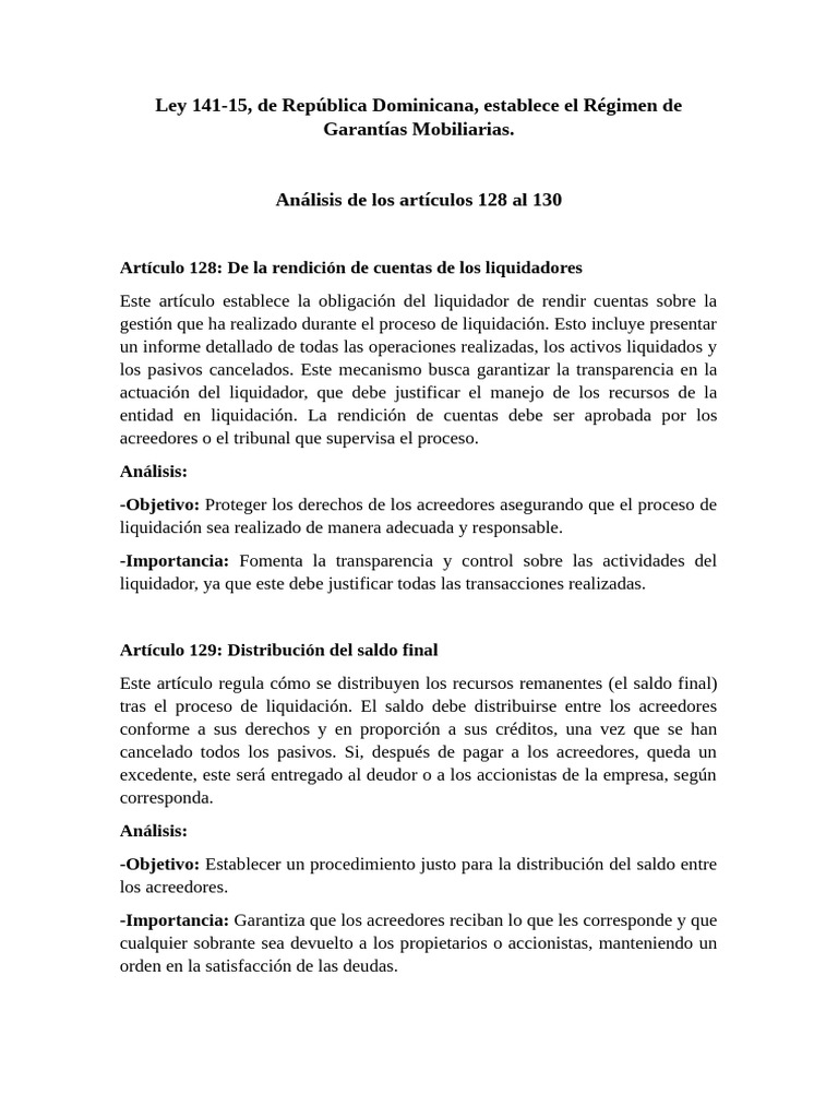 Analisis de los Articulos del 128-130 Ley 141-15 | PDF | Liquidación | Responsabilidad